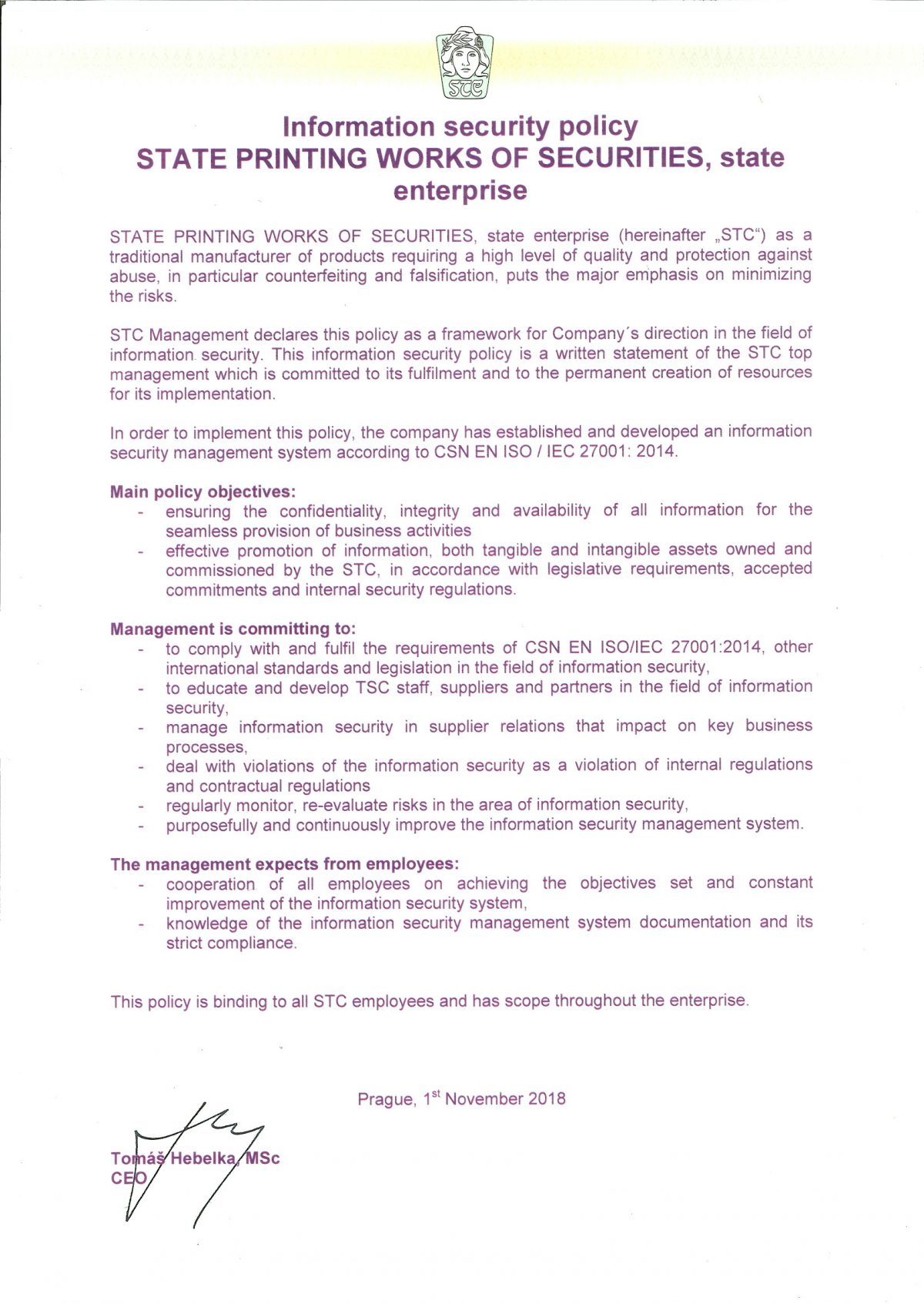Policy ISMS_ENG - Státní tiskárna cenin