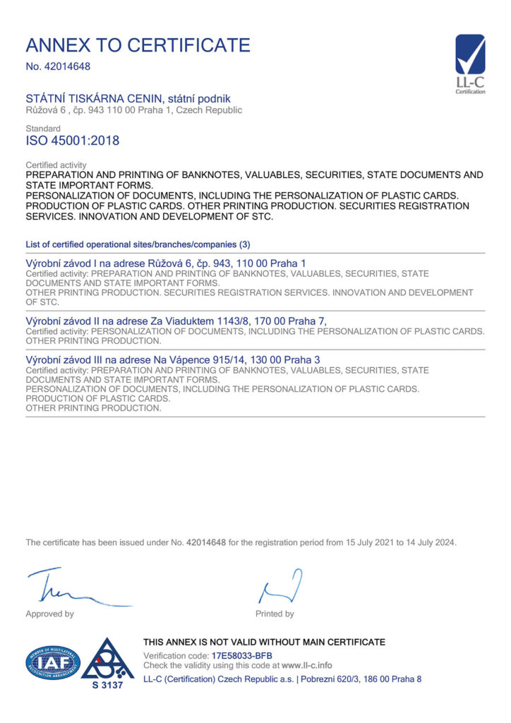 Certificate Annex - Státní tiskárna cenin