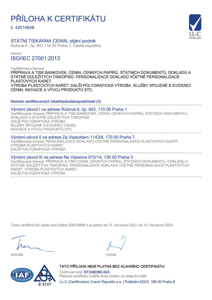 Certificate Annex - Státní tiskárna cenin